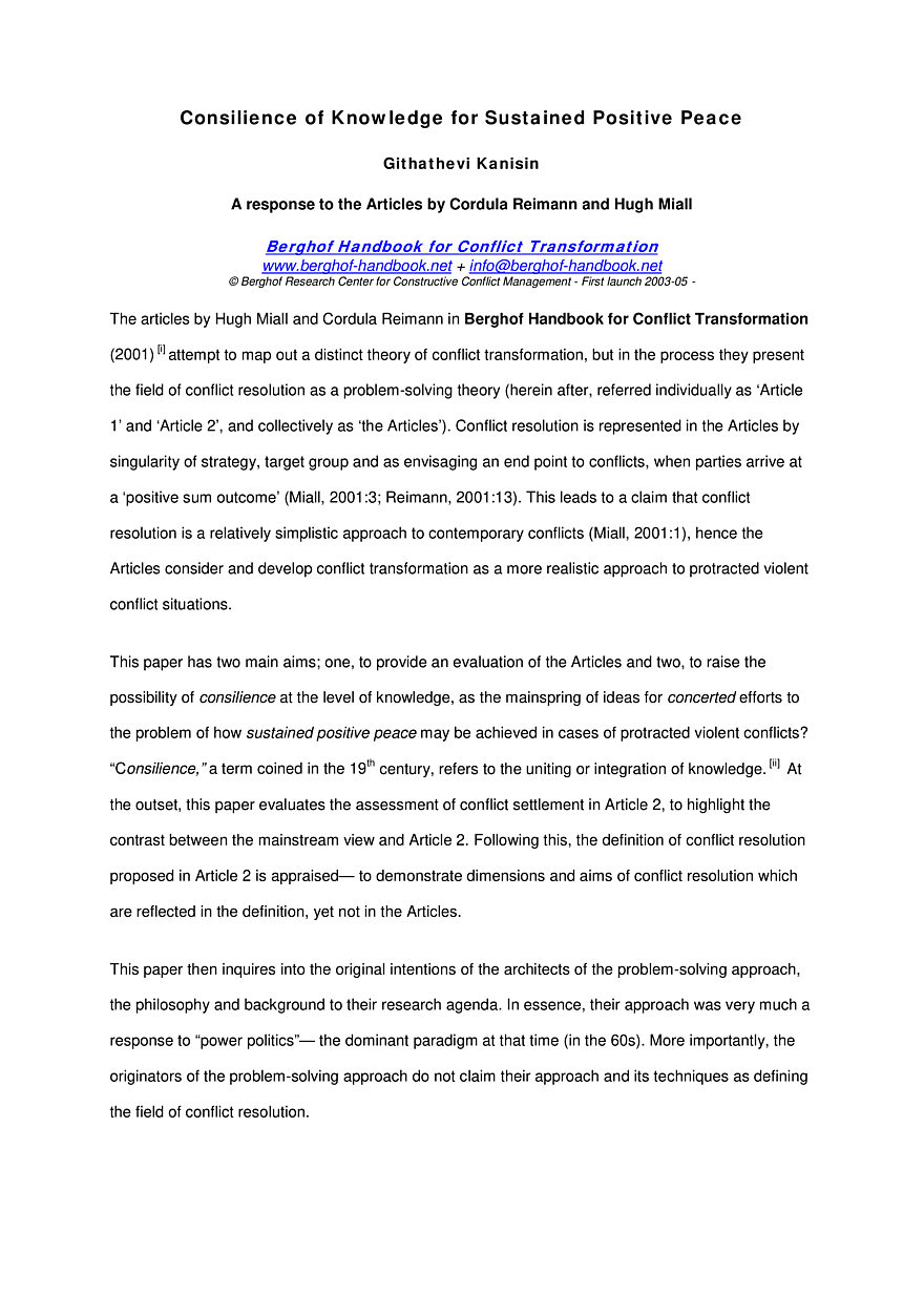 Consilience of Knowledge for Sustained Positive Peace: A response to ...